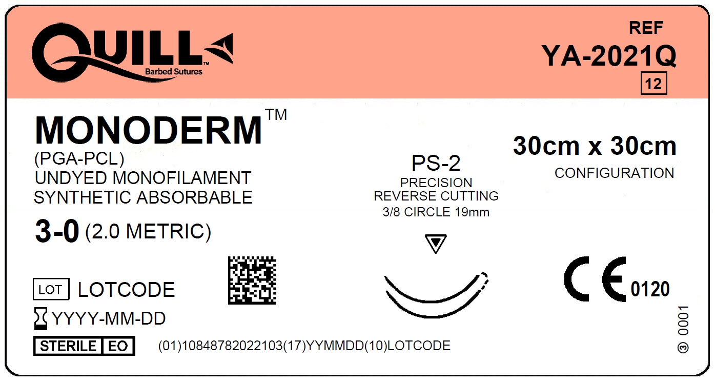 Quill Barbed Suture, Monoderm, 3-0, Undyed, 30X30cm, Ps-2, Precision ...